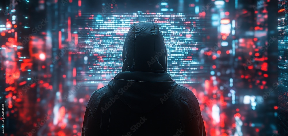 Lost in the Code A hooded figure stands in silhouette against a glowing ...