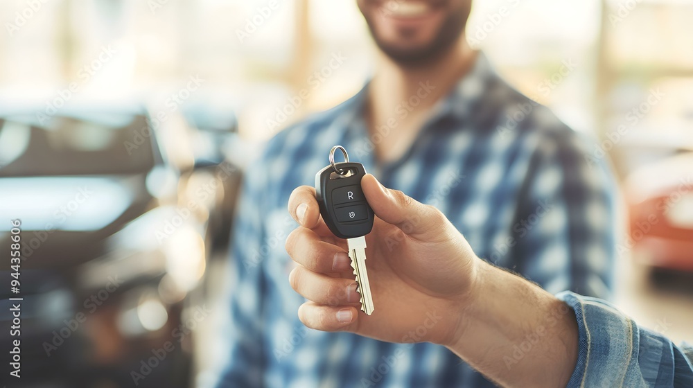 Excited new car owner receiving keys from salesperson in dealership ...