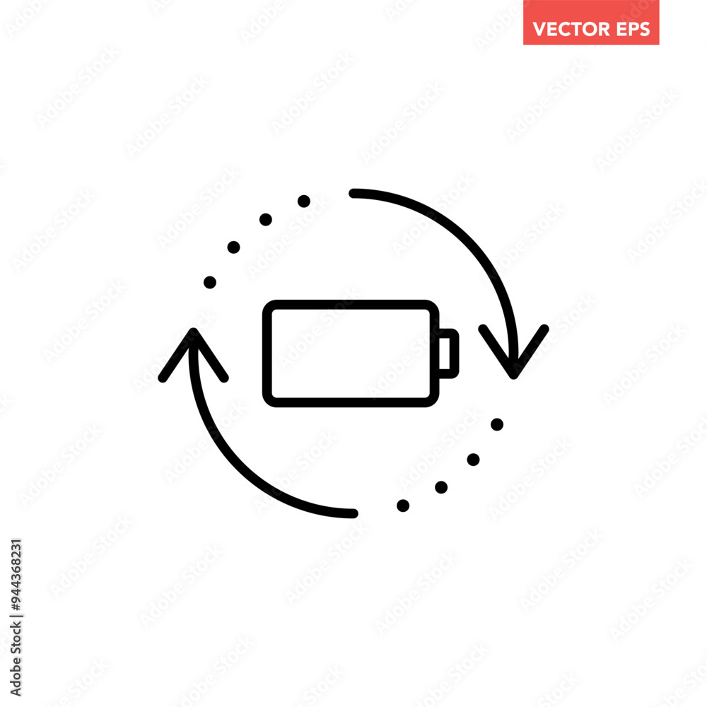 Single black battery recharge line icon, simple charging power cycle ...