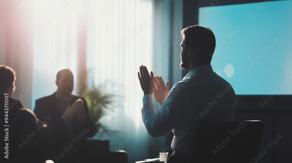 Business professionals clapping during a meeting in a sunlit office ...