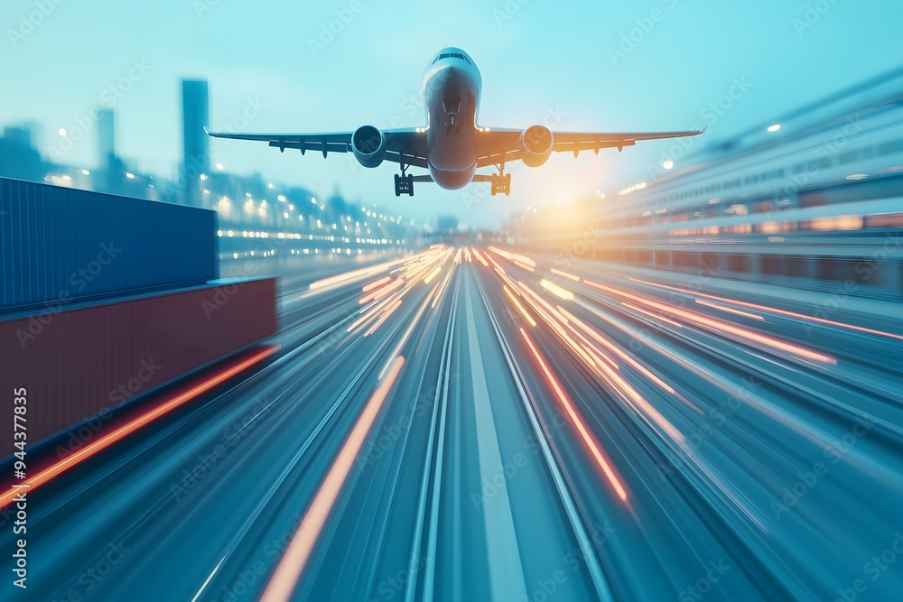 High-speed freight train with containers and a fast-moving airplane ...