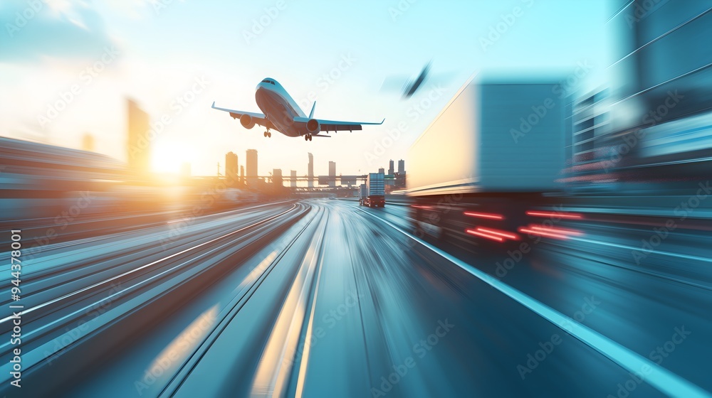 High-speed freight train with containers and a fast-moving airplane ...