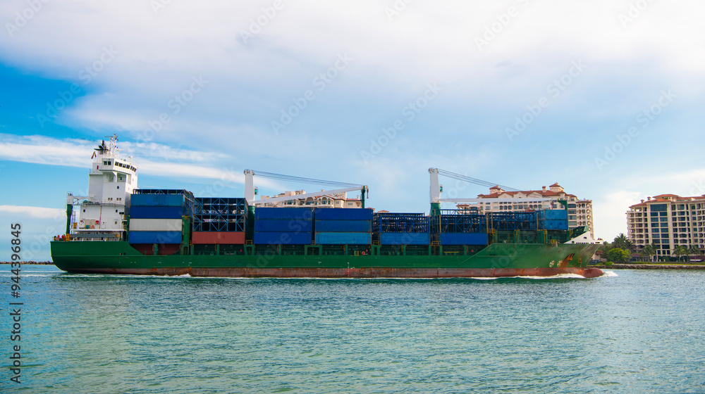 Freight Container Loaded On Cargo Vessel In Miami Florida Cargo Ship