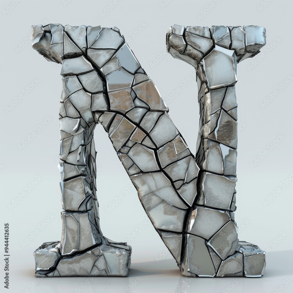 sharp photo of a 3D-rendered broken cracked letter N, showcasing a ...