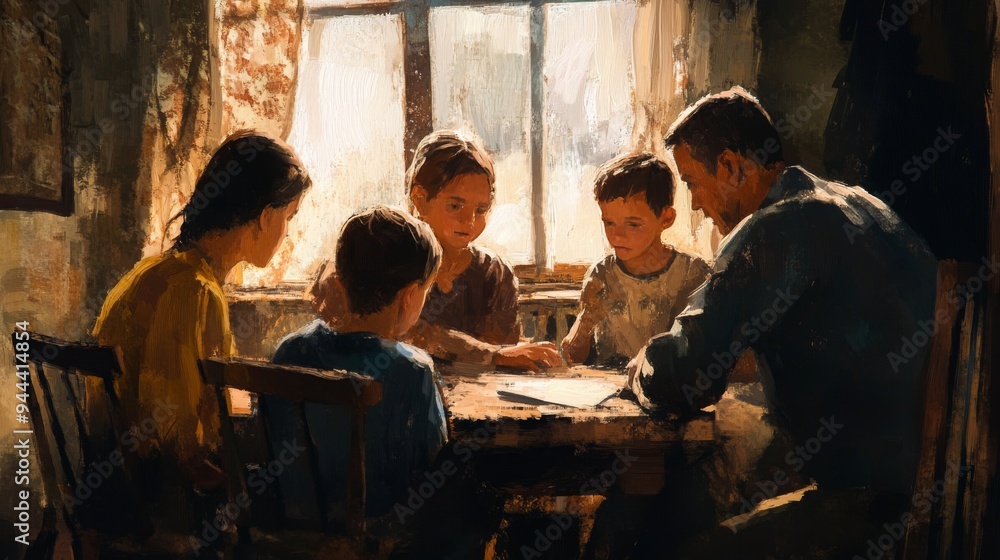 Poor Family Discussing Home Problems: Worried Faces in Third-Class Room ...