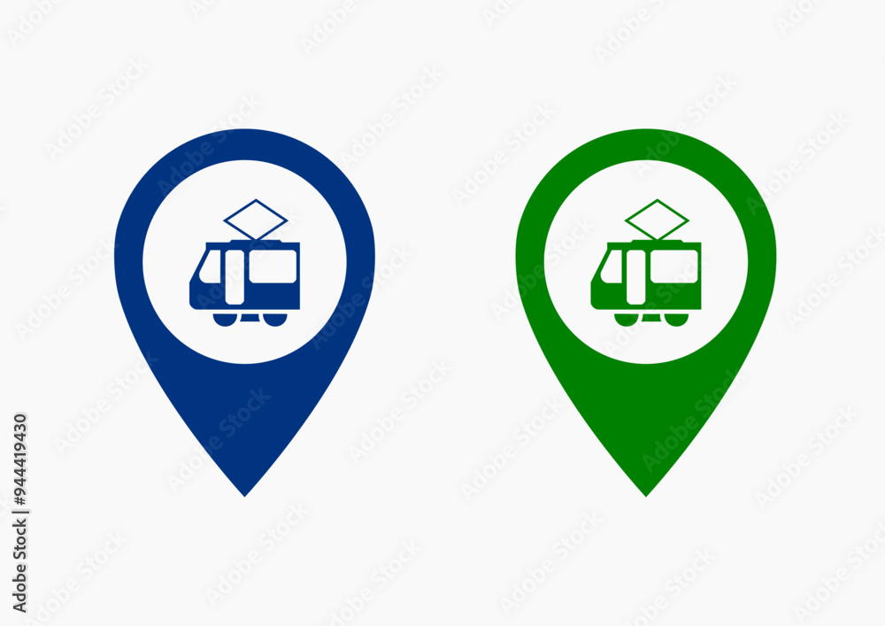 Map pointer with tram icon .tramway station and location pin icon ...