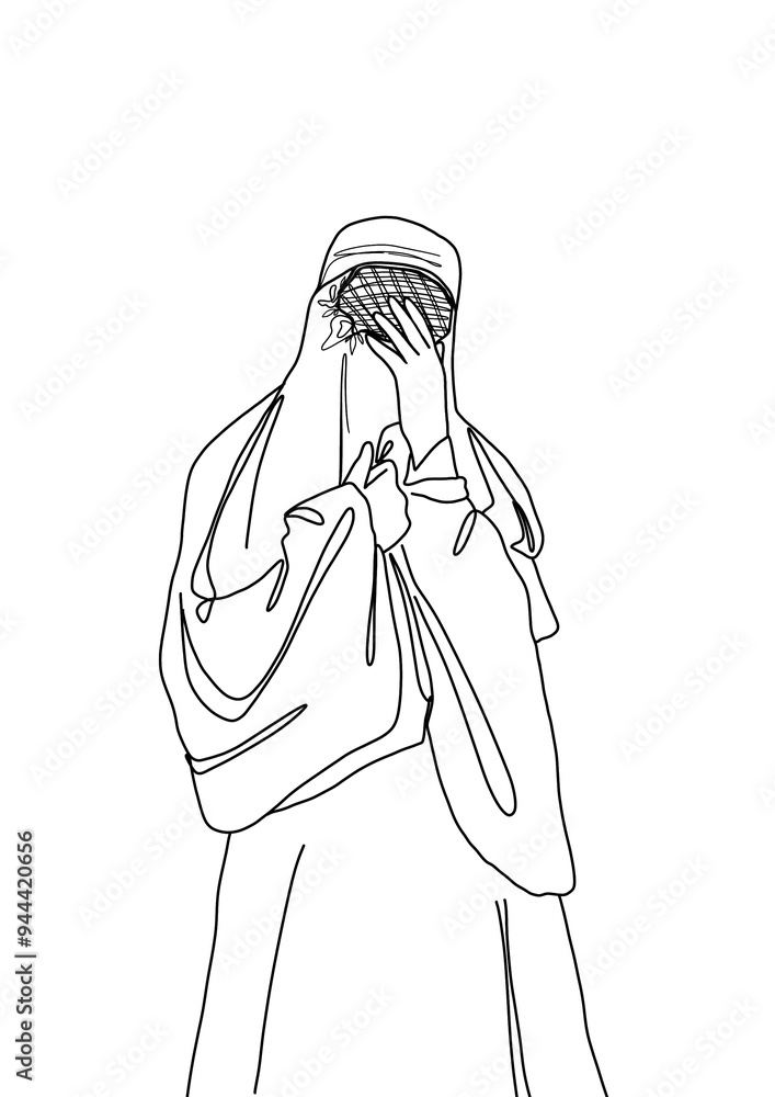 Woman in burka in despair outline illustration. A muslim woman in a ...