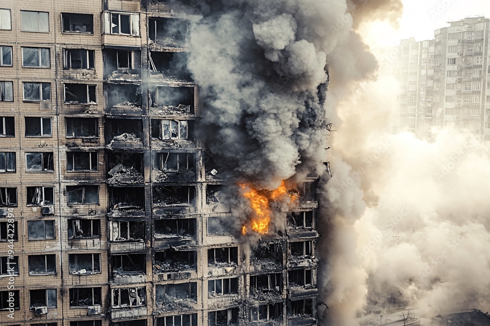 Smoke billowing from a burning apartment building during a devastating ...