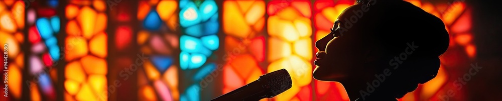A 1920s jazz singer on stage, with a vintage microphone and a stained ...