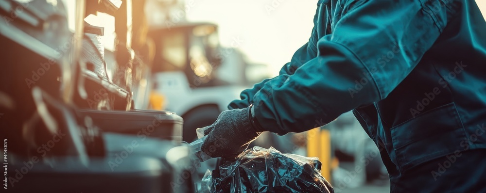 Mechanic disposing of waste in a garage setting, highlighting ...