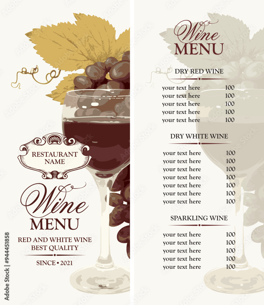 vector wine menu template with price list for a restaurant or bar with ...