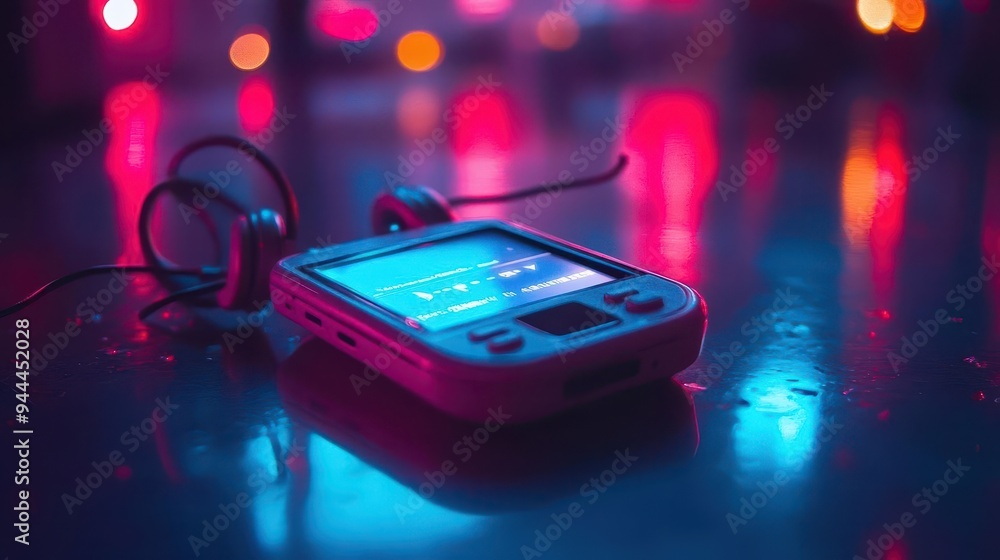 MP3 player with headphones, playing a favorite track, with a minimalist ...