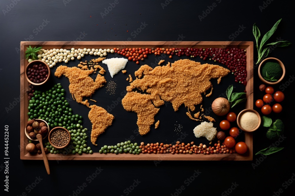 World map made of different spices and herbs on dark background, top ...