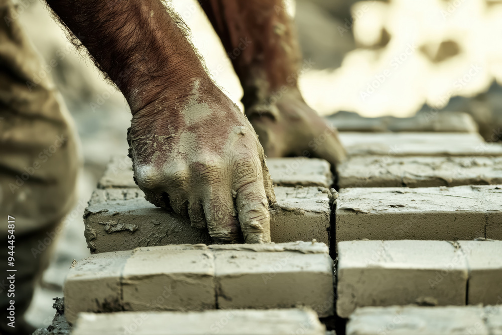 Laborer Creating Bricks by Hand. A powerful image of an adult male ...