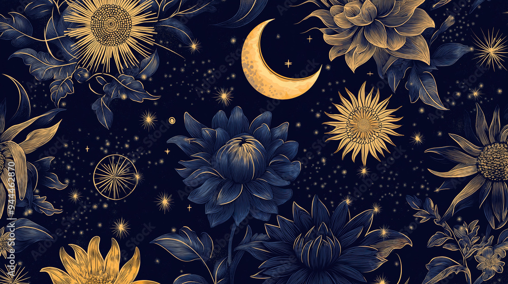 Chinoiserie Celestial Garden Pattern Featuring Suns, Moons, and Vibrant ...