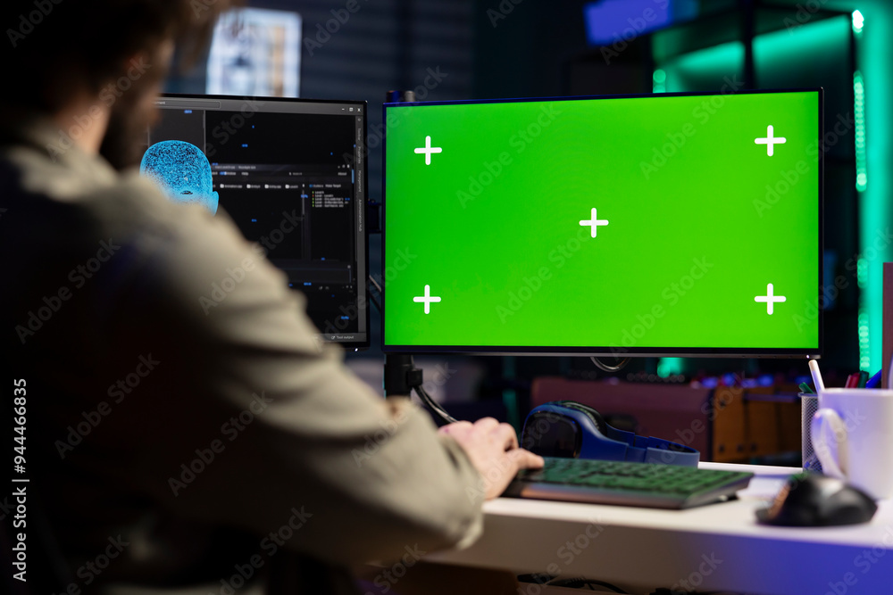 Developer Updating Artificial Intelligence Machine Learning Algorithm On Isolated Screen Pc