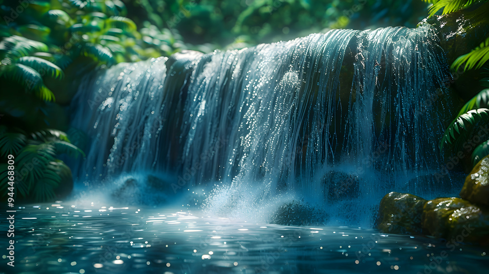 A waterfall where 2D water streams transition into 3D spray, captured ...