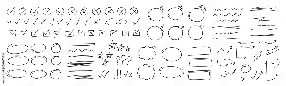 Black line check mark, underline, circle. Hand drawn doodle sketch red ...