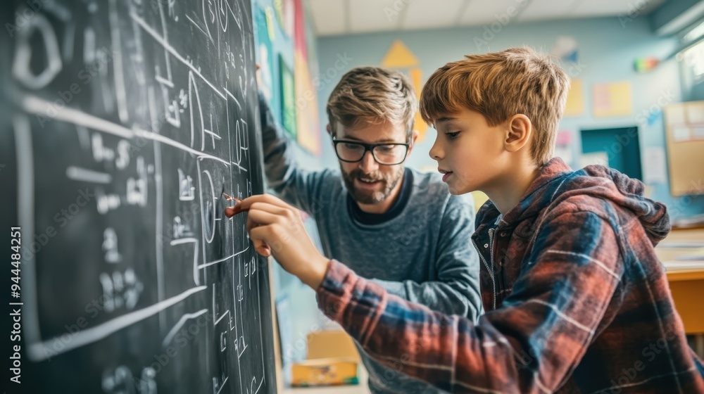 Teacher guiding student in classroom solving math problem on blackboard fostering learning and ...