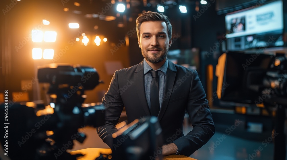 Confident male news anchor in a professional broadcast studio with ...