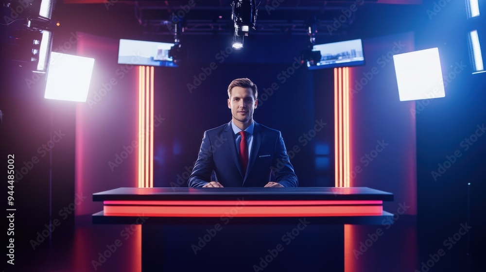 Foto de Professional news anchor in a modern TV studio setting with ...
