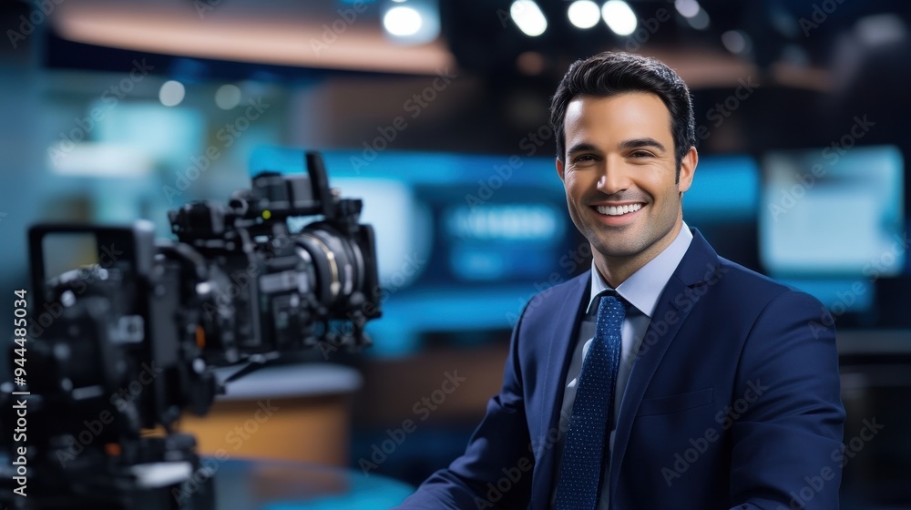 Confident news anchor in a professional studio setting with camera ...