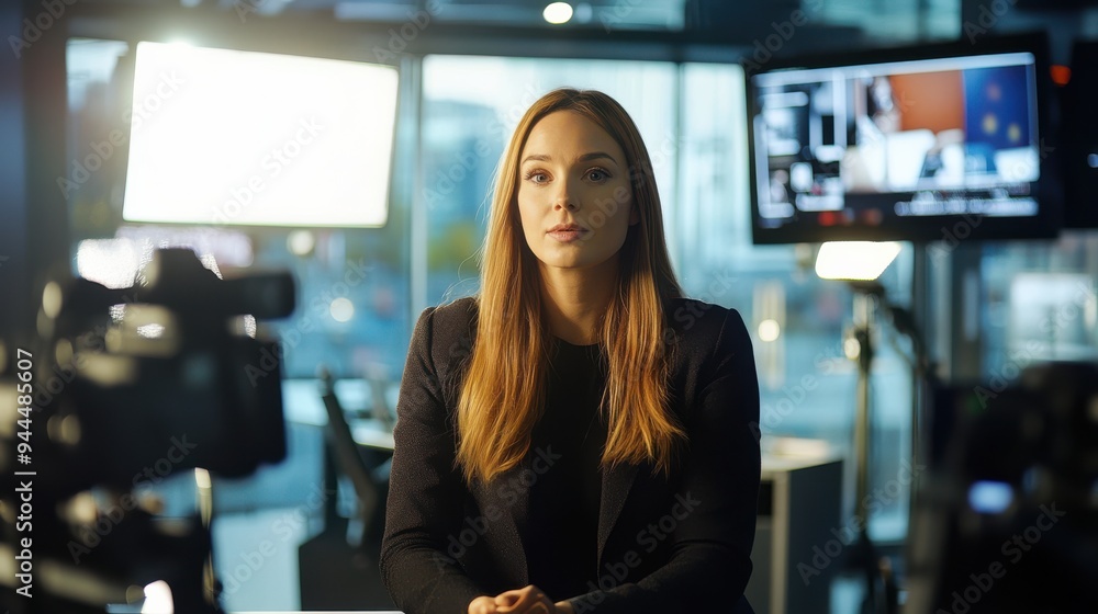 Confident European female news anchor in modern broadcast studio with ...