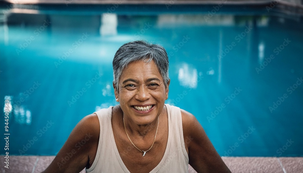 person in swimming pool, happy 60 year old man in swimming pool staring ...