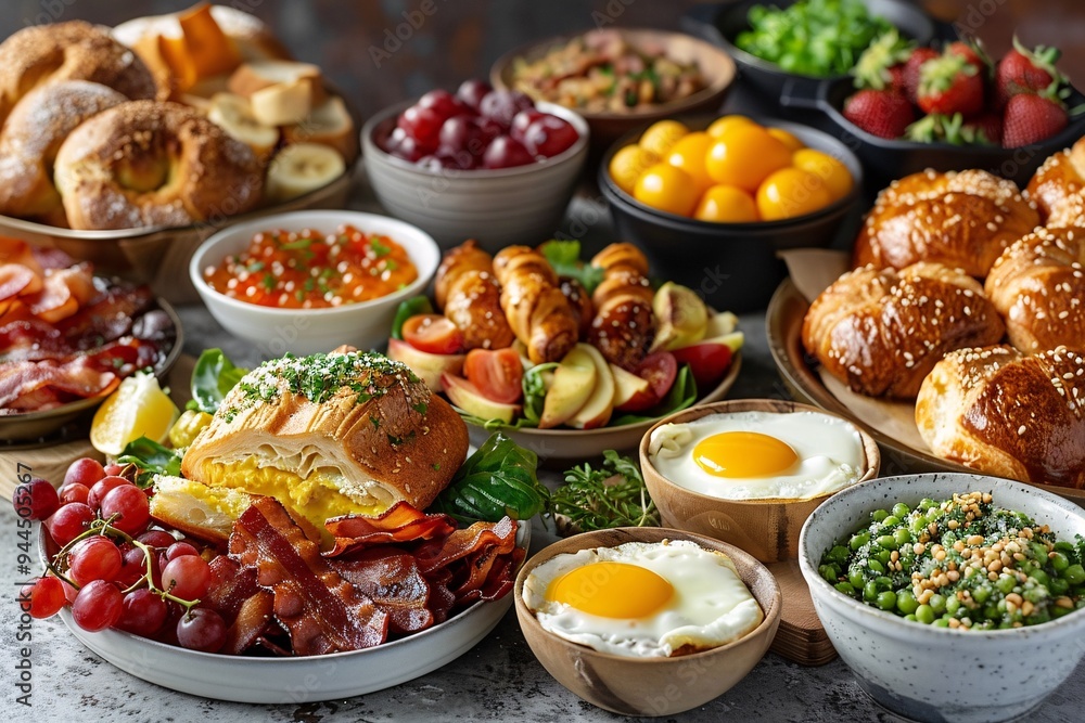 Brunch spread with a variet of dishes pastries. Village Breakfast with ...