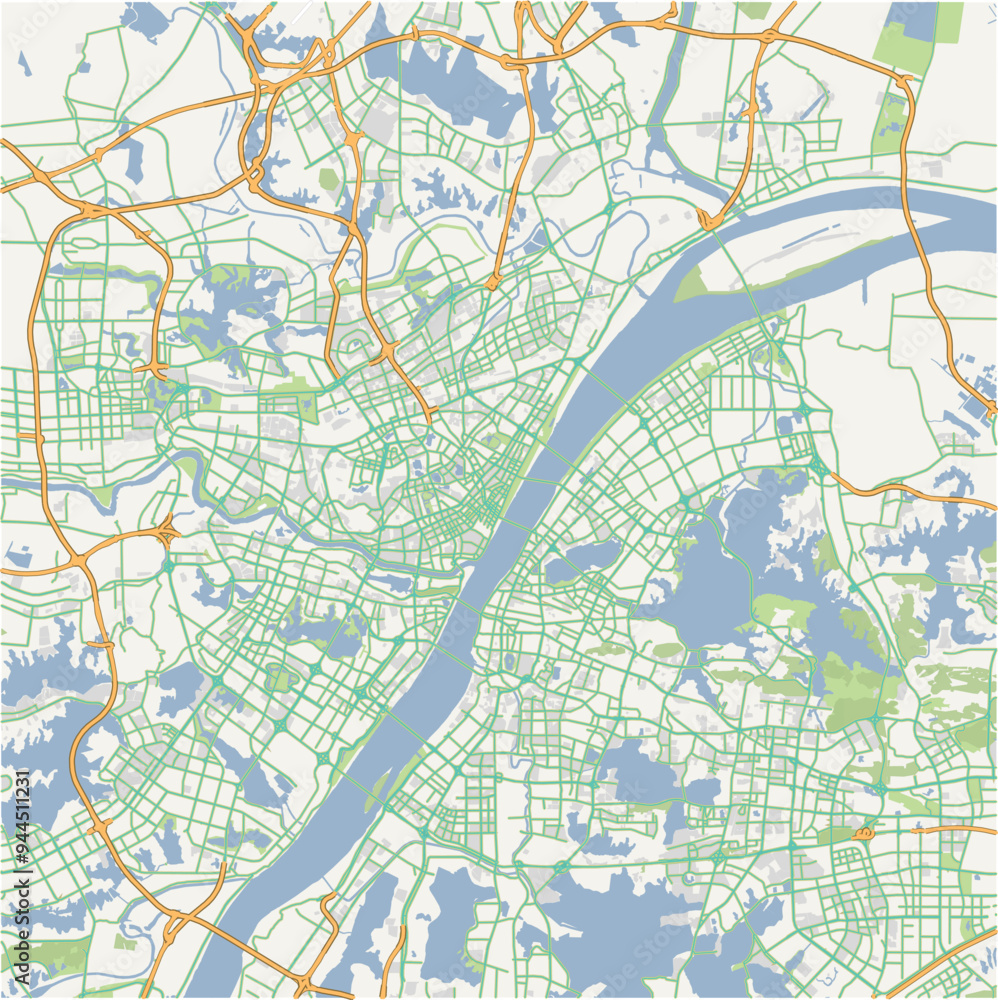 Road map of Wuhan in China. Contains layered vector with roads water ...