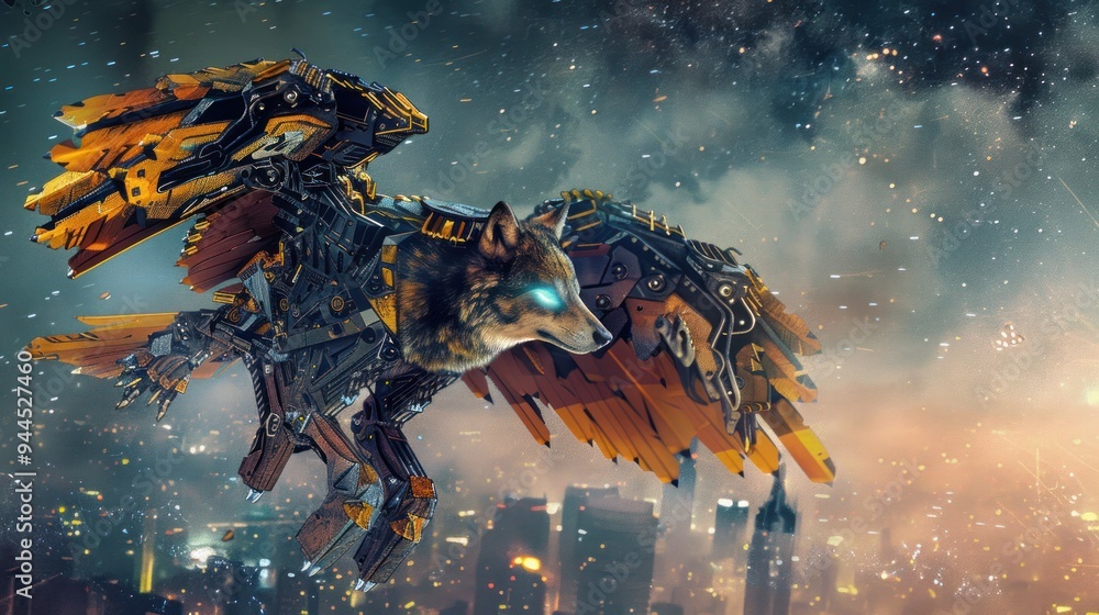 Mechanical winged cyborg werewolves fly over the city. AI generated ...