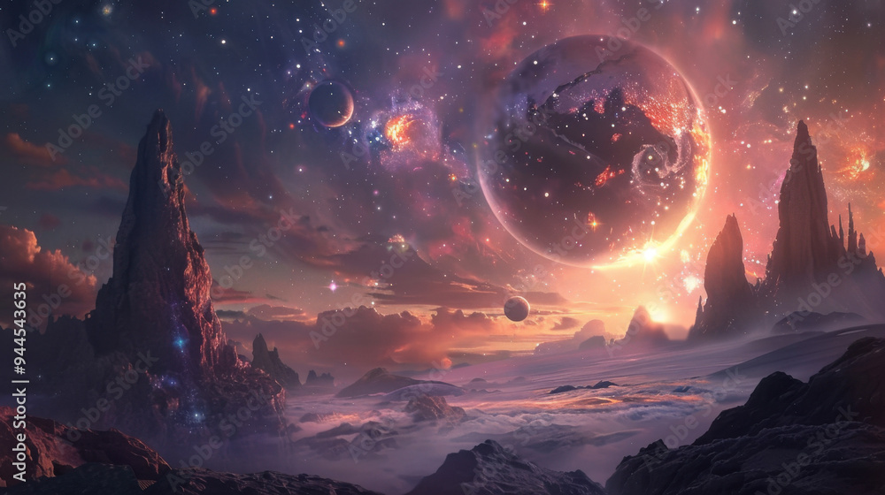 space scene, masterpiece, a lot of planets and moons, otherworldly ...