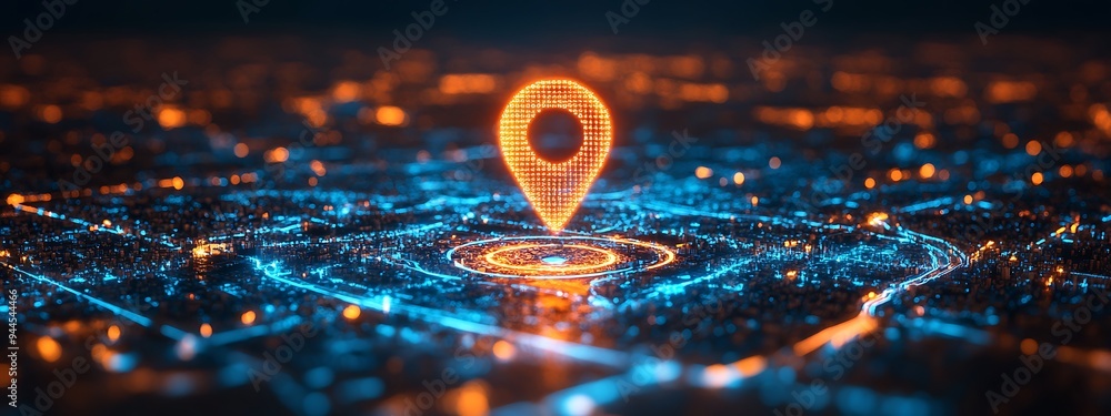 Digital location pin icon with binary code, artificial intelligence in ...