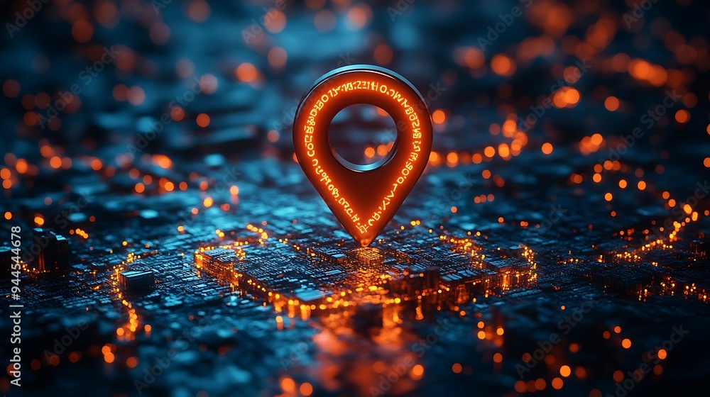 Digital location pin icon with binary code, artificial intelligence in ...