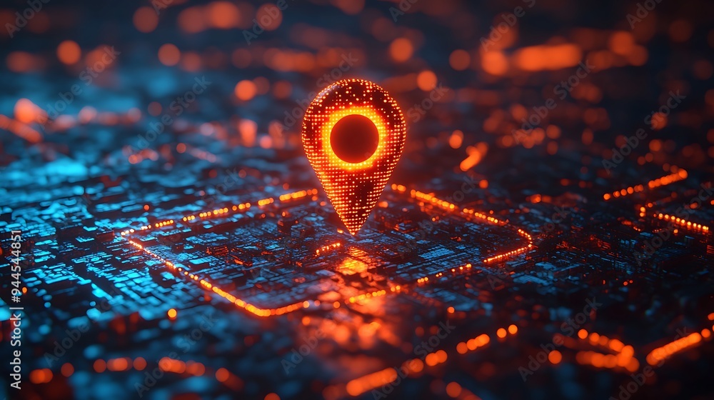Digital location pin icon with binary code, artificial intelligence in ...