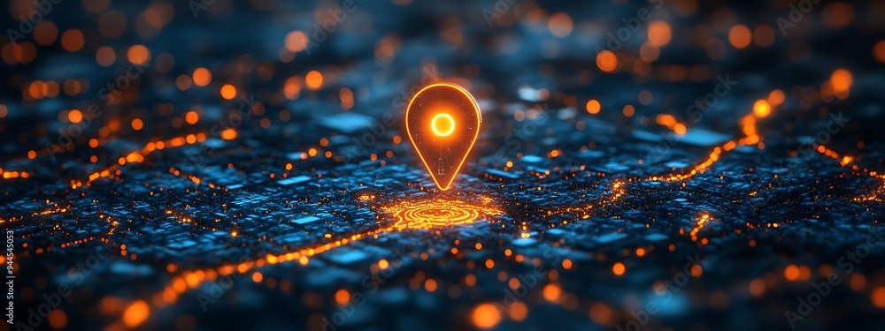 Digital location pin icon with binary code, artificial intelligence in ...