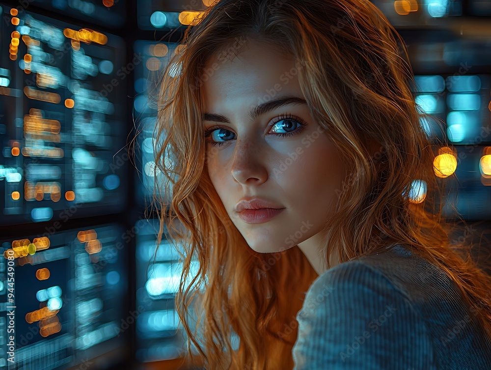 AI cyber security concept. Female IT Computer specialist analyzing ...