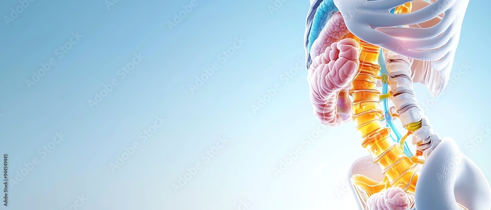 A 3D rendering of the digestive system, with specific areas highlighted ...