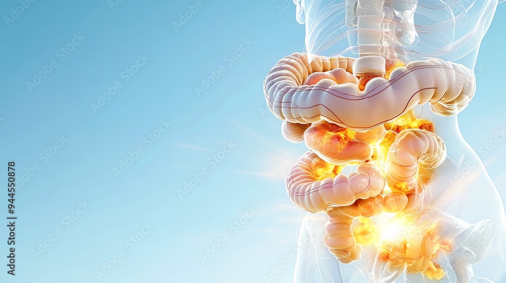 A detailed illustration of the digestive tract showing inflamed areas ...