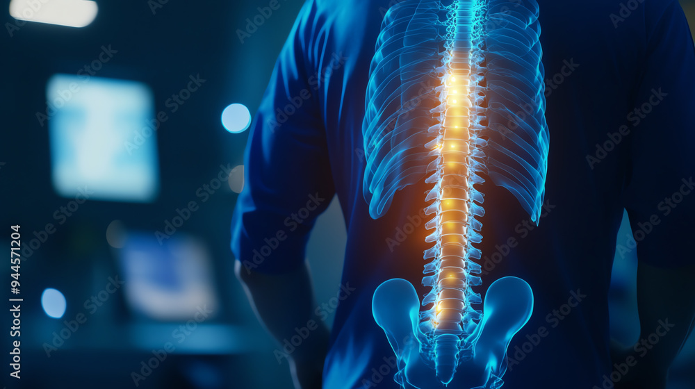 An animated visualization of a human spinal cord highlighted in blue ...