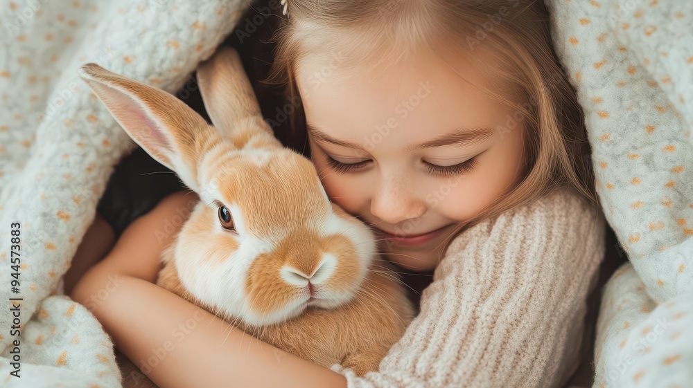 Little girl hugging rabbit in cozy blanket fort, symbolizing childhood ...