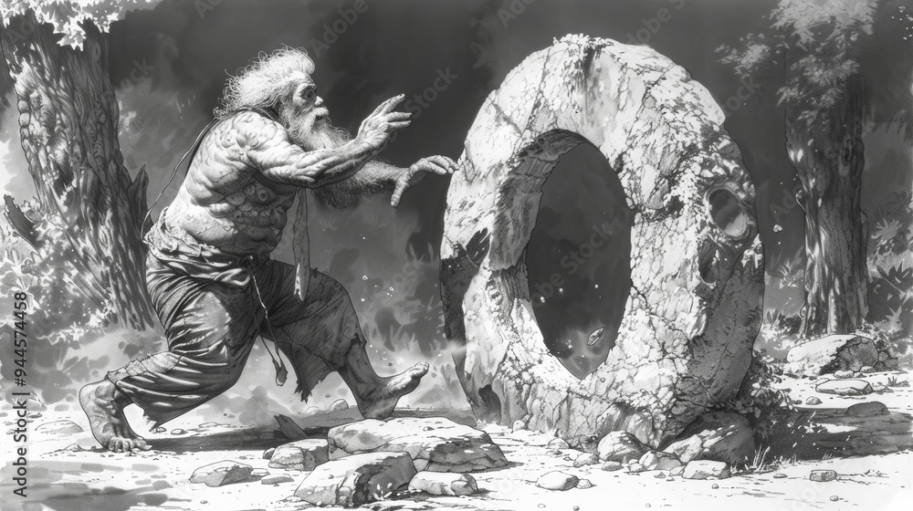 Caveman pushing a massive stone wheel in prehistoric landscape Stock ...