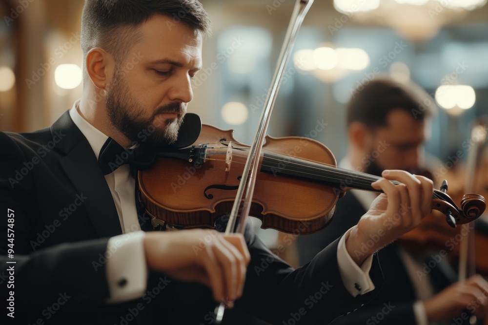 Elegant string quartet performing romantic music at wedding reception ...