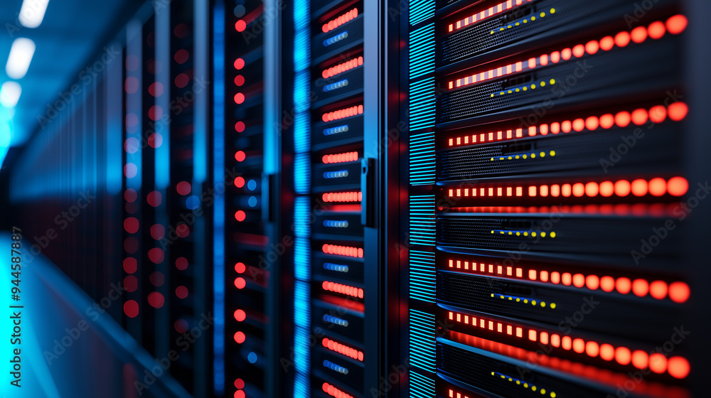 Rows of active servers with blinking red lights are installed in a data center Stock ...