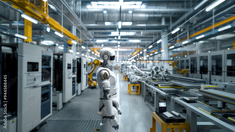 Industrial humanoid robot operating in modern automated assembly line ...