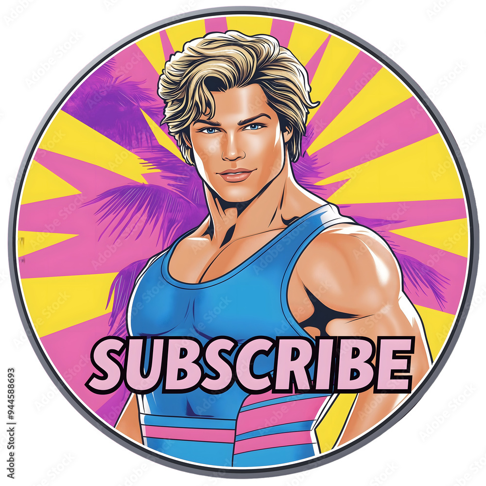 A vibrant 80s retro-style "subscribe" button of a muscular young man ...