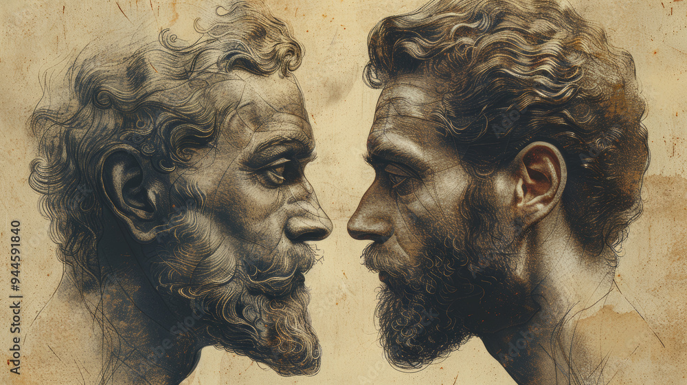 Artistic profile of two men facing each other in sketch style Stock ...