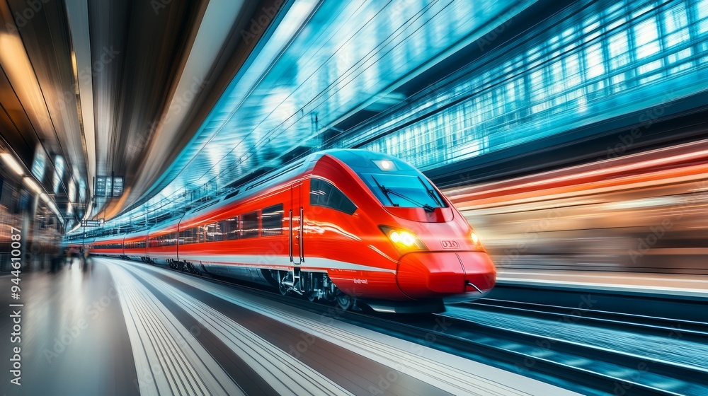 High speed train in motion inside modern train station in Vienna. Fast ...