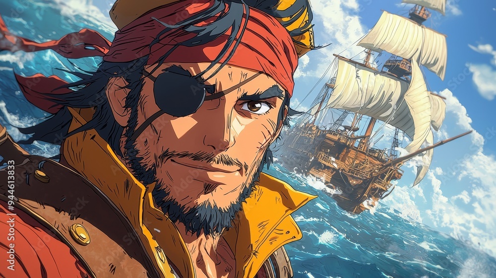 Anime-style pirate captain, open sea, pirate ship, treasure hunt ...