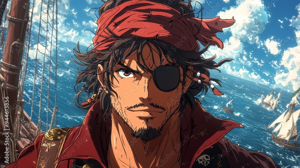 Anime-style pirate captain, open sea, pirate ship, treasure hunt ...